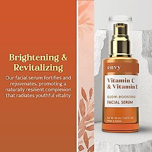 Vitamin C Serum With Vitamin E & Glycerin - Dermatologist Tested Korean Skin Care for Dark Spots & Skin Brightening - Anti Aging & Acne Facial Serum - Cruelty-Free - All Skin Types - 1.69Fl oz by Envy