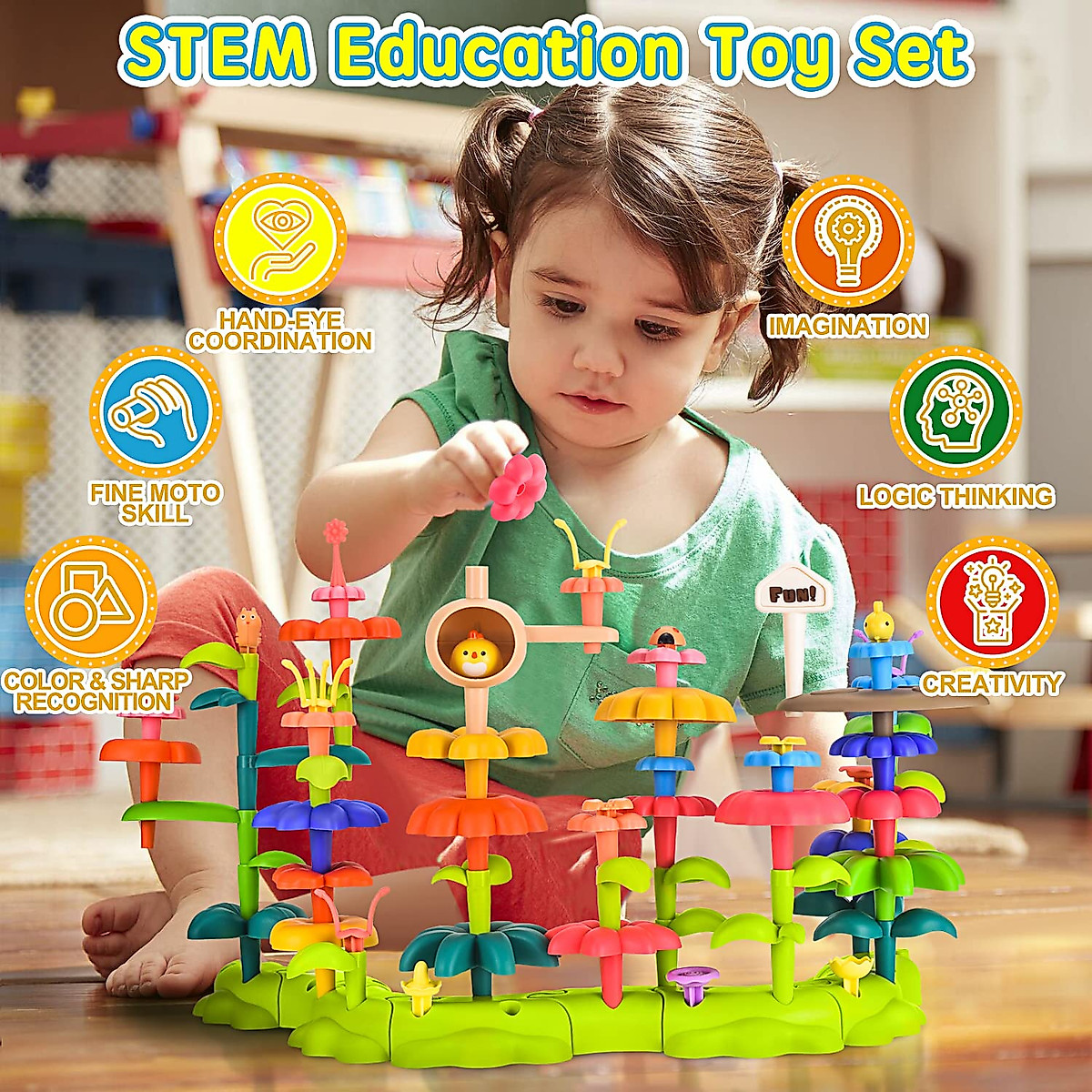 Kreadns Toys for Toddler Girls 2 3 4 Year Old, Flower Garden Building Toys Set, Gardening Pretend Toy, Creativity Stacking Block Games for Age 3+ yr Kids