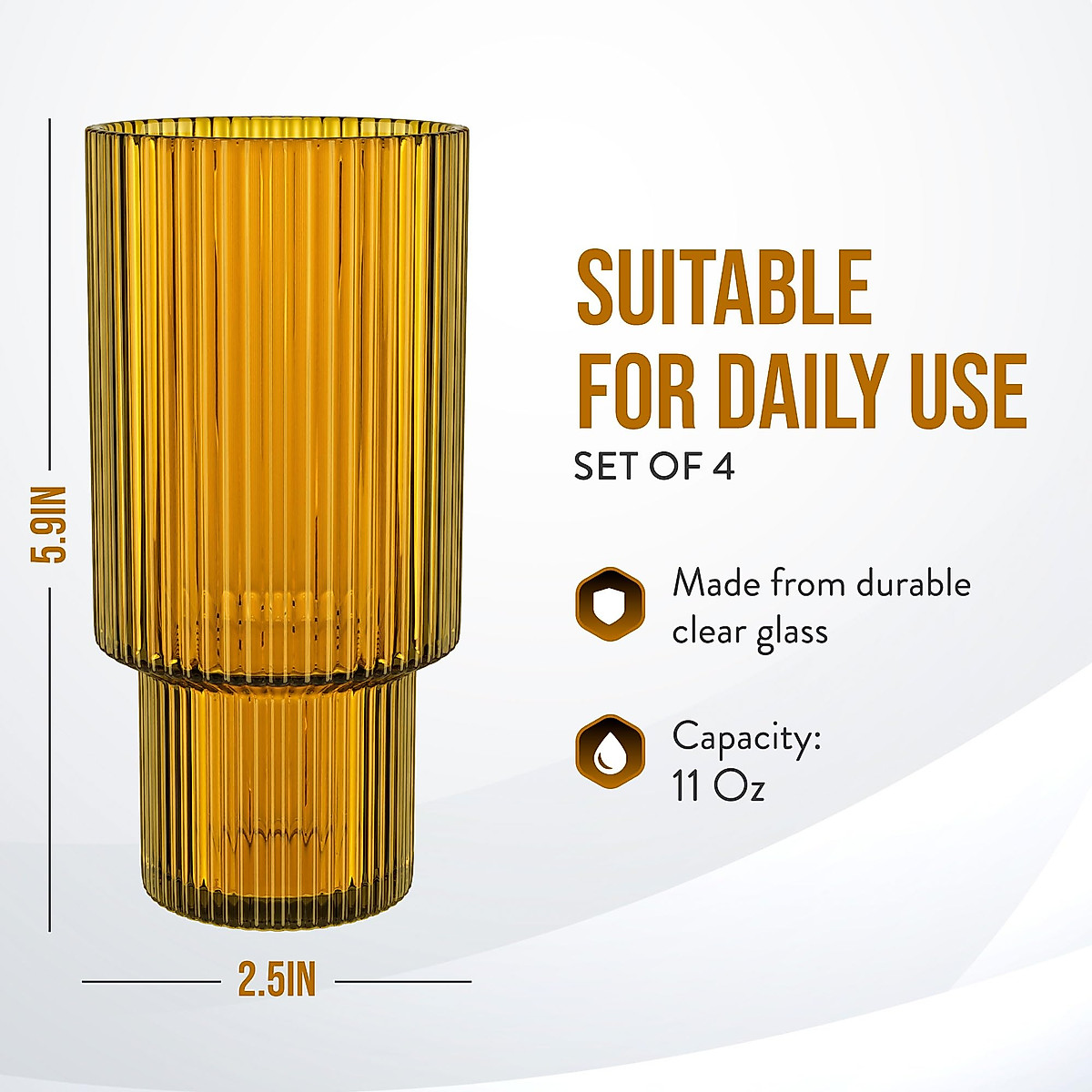 American Atelier Vintage Art Deco Fluted Drinking Glasses | Ribbed Glassware for Cocktail, Gin, Whiskey, & More | Modern Glassware | Lowball Fluted Cocktail Glasses | Set of 4 (11 oz, Amber)