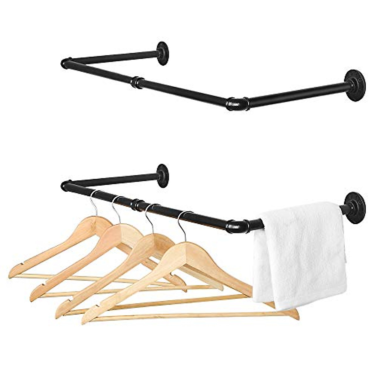 Neala Industrial Pipe Clothing Rack Set 31.5 Inches Black Iron Garment Rack 2 pack Multifunction Hanging Clothing Rod for Storage Retail Display Wall or Ceiling Mount in Bathroom Bedroom and Balcony
