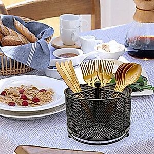 DysanVica 360° Rotating Metal Utensil Caddy - 4 Compartment Silverware Cutlery Holder Rotation Fork Spoon Napkin Organizer Flatware Storage Basket Party Countertop Buffet Picnic Camping Outdoor Black