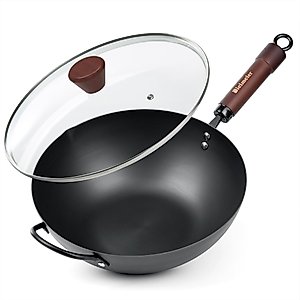 BIELMEIER Wok Pan with Lid， Versatile and Durable Carbon Steel Wok - Natural Non-Stick Woks and Stir Fry Pans, Flat Bottom Wok Suitable for All Cooktops - Perfect for Asian Cuisine