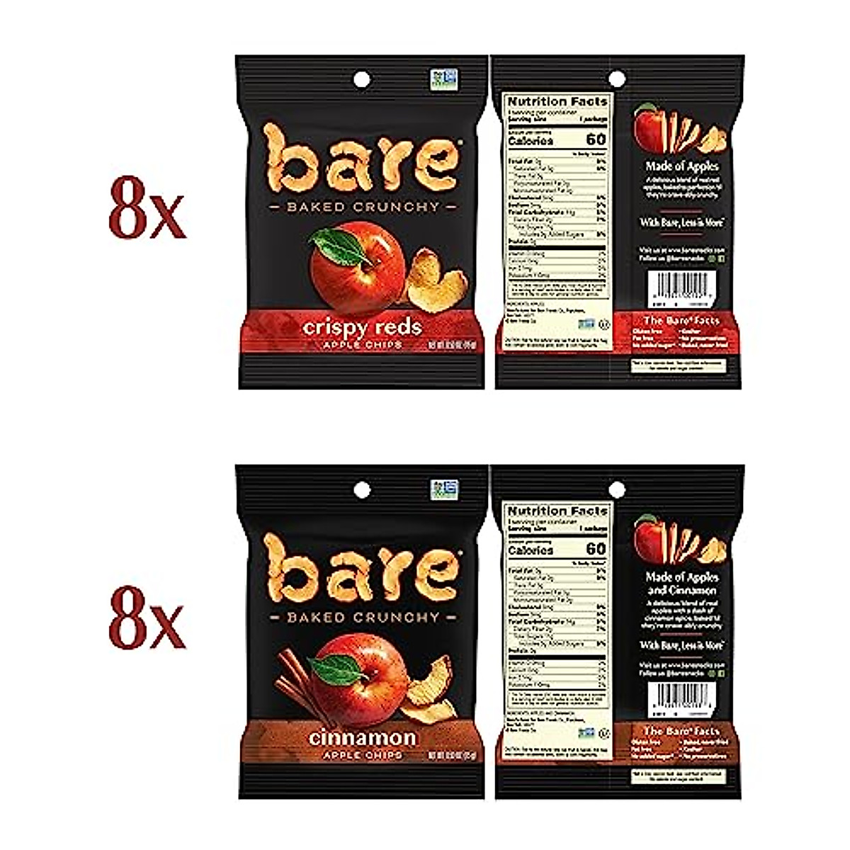 Bare Baked Crunchy, Apples Fuji & Reds and Cinnamon Variety Pack, 0.53 Ounce (Pack of 16)