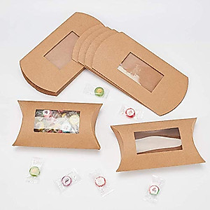 BENECREAT 20pcs 6.8x3.9x1.5 Inches Brown Kraft Pillow Boxes Paper Window Box for Candy Cokkie Treats and Birthday Wedding Party Favors