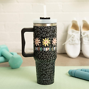 Love in Faith | Stainless Steel 40oz Tumbler with Handle | Vacuum Insulated | Faith-Based Christian Gifts | Faith Hope Love Black Leopard