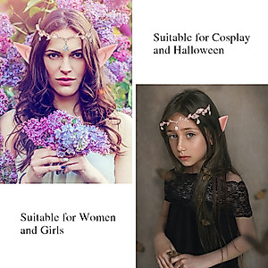 Didder 2 Pairs Elf Ears & Rhinestone Leaf Tiara Set, Fairy Ears Crown Headband Wedding Tiaras for Women Elf Ears Cosplay Accessories Fairy Costume for Women Halloween Elven Vampire