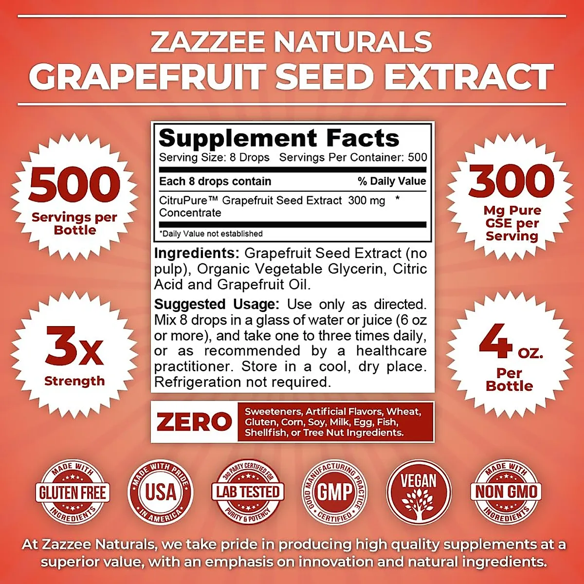 Zazzee GSE, 3X Triple Strength, 4 Ounces, 500 Servings, 300 mg per Serving, Premium Liquid Grapefruit Seed Extract Concentrate with Bioflavonoids, Vegan, Gluten Free, All-Natural, Made in The USA