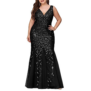 Ever-Pretty Women's V-Neck Embroidered Lace Floor Length Plus Size Mermaid Dress Black US18