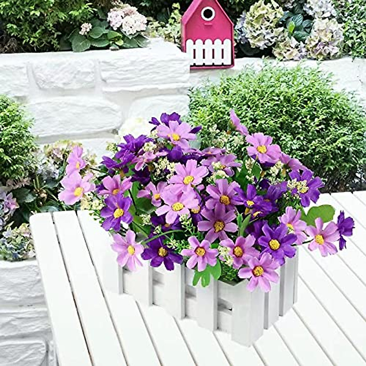 Louis Garden Artificial Flowers Fake Daisy in Picket Fence Pot Pack - Mini Potted Plant (Daisy-Purple)
