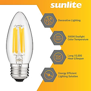 Sunlite 41077 LED Filament B11 Torpedo Chandelier Light Bulb, 5.5 Watts (60W Equivalent), 600 Lumens, Medium E26 Base, Dimmable, Edison Style, 90 CRI, UL Listed, 5000K Super White 6 Pack