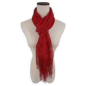 YOUR SMILE Ladies/Women's Lightweight Solid Color Fringe Lace Tassels Long Shawl Scarf For Spring Summer Fall (Red)