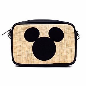 Disney Bag, Horizontal Crossbody, Mickey Mouse Embroidered Ears Signature, Raffia Straw