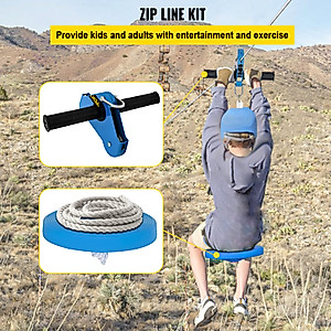 VEVOR Zip line Kits for Backyard 60FT, Zip Lines for Kid and Adult, Included Swing Seat, Zip Lines Brake, and Steel Trolley, Outdoor Playground Equipment