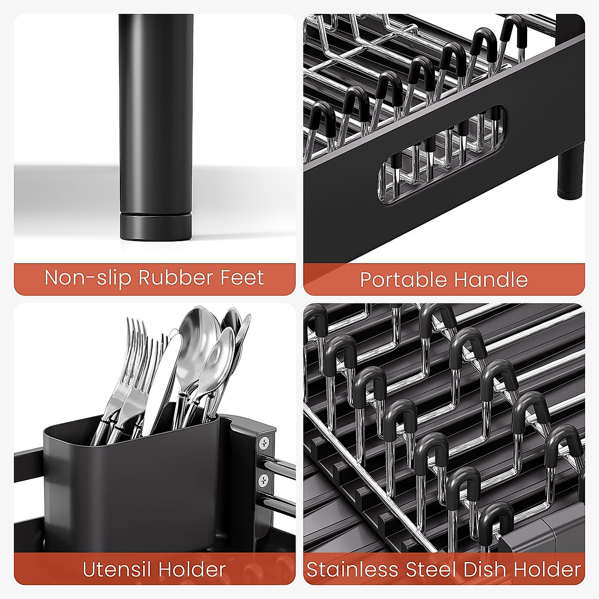 TOOLF Extendable Dish Rack, Dual Part Dish Drainers with Non-Scratch and Movable Cutlery Drainer and Drainage Spout, Adjustable Dish Drying Rack for Kitchen, 1 Piece Black