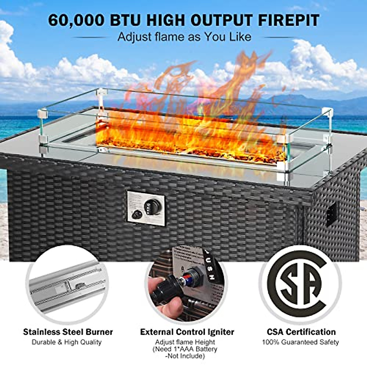 Propane Gas Fire Pit Table with Wind Guard for Outdoor, Auto-Ignition Firepits 43'' Rattan Table 50,000 BTU, Black