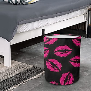 Purple Lips on Black Laundry Hamper Basket Bucket Foldable Dirty Clothes Bag Waterproof Fabric Washing Bin Toy Storage with Handles for Bathroom Bedroom