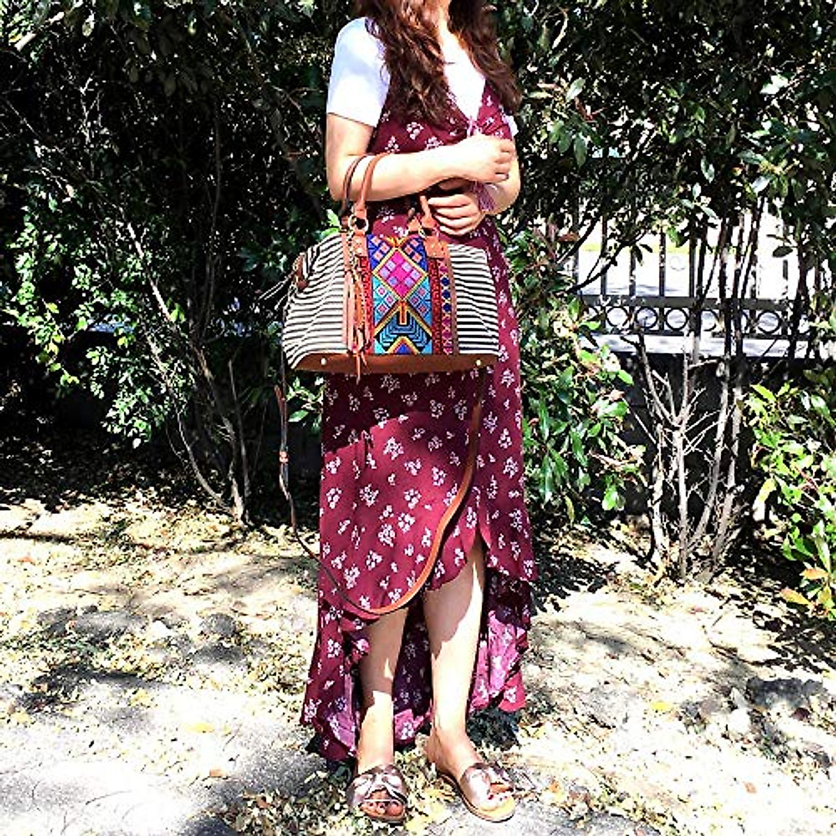 Boho Tassel Leaf Charm Aztec & Stripe Print Canvas Satchel Tote Handbag Purse (Embroidered Satchel - Black)