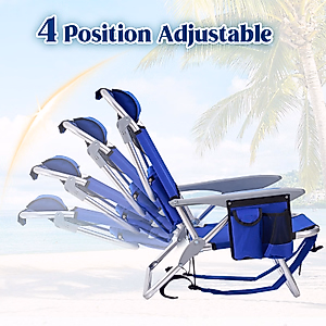 Canpsky Portable Beach Chair for Adults, Outdoor Lightweight Camping Chair Lay Flat Folding Backpack Beach Reclining Chair with 4 Positions, Headrest, Cooler Pouch, Cup Holder, New Striped