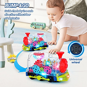 Light Up Transparent Train Toys,Interactive Autism Sensory Toys with Colorful Moving Gears, Music,and LED Effects,Fun Educational Toy for Boys Girls