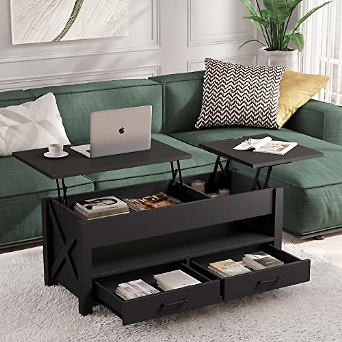 Seventable Coffee Table, 47.2" Lift Top Coffee Table with 2 Storage Drawers and Hidden Compartment, X Wood Farmhouse Support, Retro Center Table with Wooden Lift Tabletop, for Living Room,Black