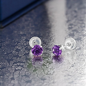 Gem Stone King 1.00 Cttw 14K White Gold Purple Amethyst Stud Earrings For Women | Gemstone Birthstone | Round 5MM