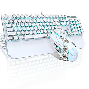 Typewriter Mechanical Gaming Keyboard and Mouse Combo, Retro Punk Round Keycap Blue LED Backlit USB Wired Computer Keyboard for Game and Office, for Windows Laptop PC, Red Switches(White)