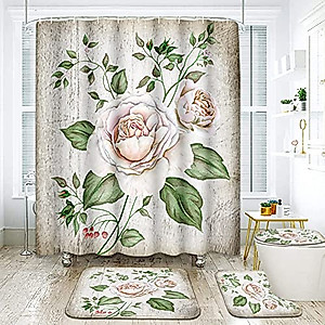 ArtSocket Vintage Roses Bathroom Sets with Shower Curtain and Rugs and Accessories,Wooden Flower Shower Curtain Sets,Vintage Floral Shower Curtains for Bathroom,Romantic Bouquet Bathroom Decor 4 Pcs