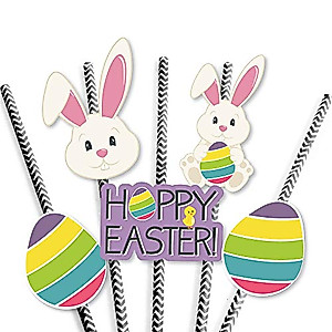 Hippity Hoppity Paper Straw Decor - Easter Bunny Party Striped Decorative Straws - Set of 24