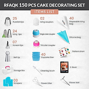 RFAQK 150PCs Russian Piping Tips Complete Set - Cookie Cupcake Cake Decorating Kit includes Numbered Piping Tips (24 Icing Tips+25 Russian Tips+7 Ruffle Tips+Ball Tip+41 Pastry Bags+EBook+Booklet)