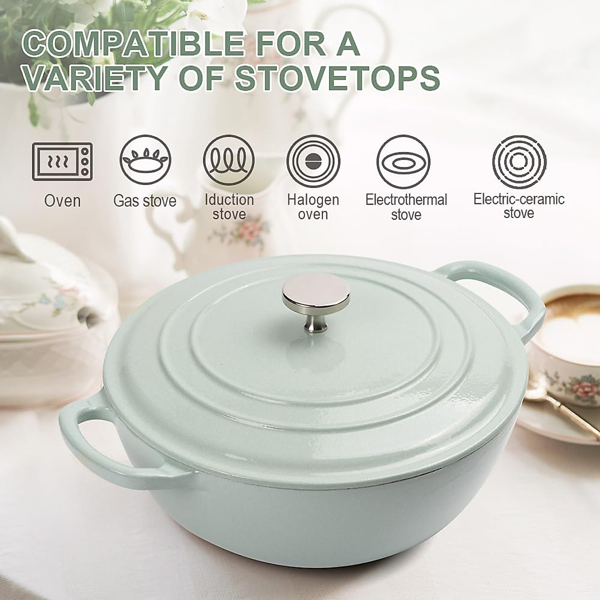 M-COOKER 4.5 Quart Dutch Oven Pot with Lid: Versatile Cast Iron Enamel Dutch Oven for Sourdough Bread Baking or Frying, Roasting, and Simmering(Green), 13.7Lx10.2Wx6H