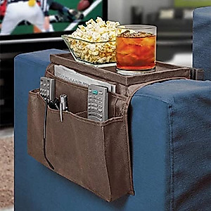 Sofa Armrest Organizer with Cup Holder, Non-Slip Armchair Caddy TV Remote Control Holder Sofa Tray Armchairs Table Storage Bag with 4 Pockets for Cellphone Tablet Book Drinks(11.8 x 7.1x 7.1 inch)