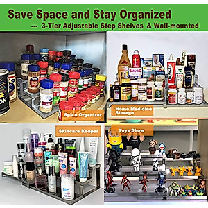ALhom Spice Rack Organizer for Cabinet/Wall Mount/Countertop/Pantry - 3 Tier Expandable Spice Shelf - Stainless Steel