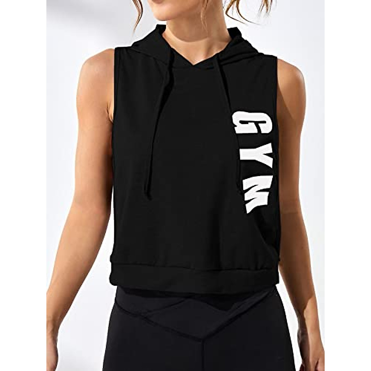 Verdusa Women's Letter Graphic Sleeveless Drawstring Sports Hoodie Workout Shirt Black L