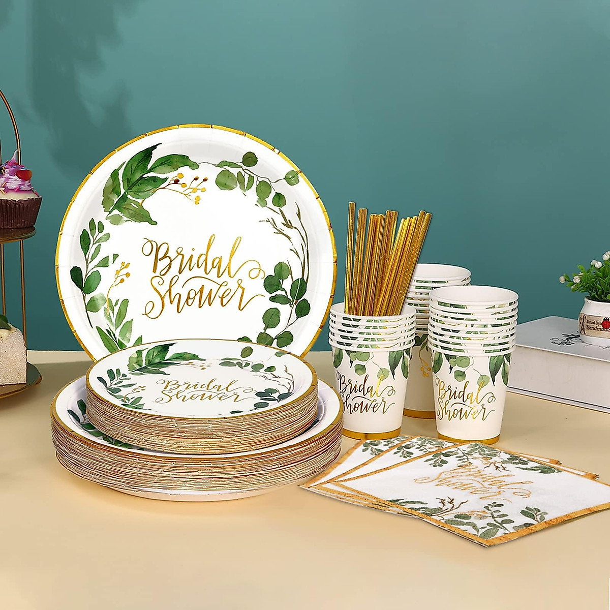 Bridal Shower Decorations Gold and Green Wedding Shower Plates and Napkins Party Supplies for Engagement Wedding the Bride-To-Be Bachelorette Party Favors, Serves 50 Guests