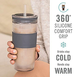 HOST Straw and Lid Plastic Double Wall Insulated Freezable Drink Chilling Tumbler with Freezing Gel Glasses for Red and White Wine, 16 oz, Grey