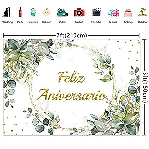 Lofaris Feliz Aniversario Backdrop for Photography Green Leaves Shinning Dots Gold Ring Mexican Happy Anniversary Decorations Supplies Floral Cake Table Banner Photo Booth Props 7x5ft