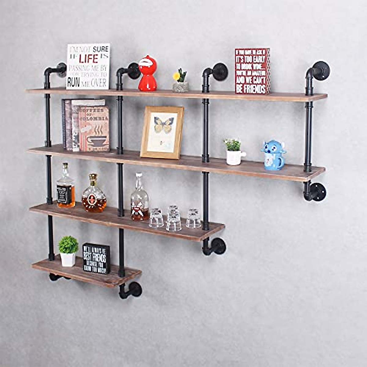 Womio 4-Tiers Industrial Floating Shelves Wall Mounted,63inch Rustic Pipe Shelf for Kitchen or Office Organizer,Real Wood&Metal Wall Shelf,Farmhouse Decorative Bookshelf,Retro Grey