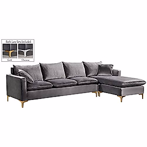 Meridian Furniture Naomi Collection Modern | Contemporary Velvet Upholstered REVERSIBLE Sectional with Rich Gold or Chrome Legs, Grey