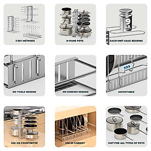 Vdomus Pot Rack Organizer with 3 DIY Methods, Black Metal Kitchen 8+ Pots Holder, Height and Position are Adjustable Cabinet Pantry Pot Lid Holder (Upgraded)