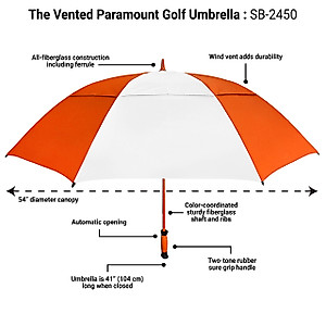 The Paramount Vented Large 64 inch Windproof Automatic Open Double Canopy Golf Umbrella for Rain, Wind and Sun, Strong & Lightweight Oversized Umbrella with Wind Vent for Men & Women, Orange/White