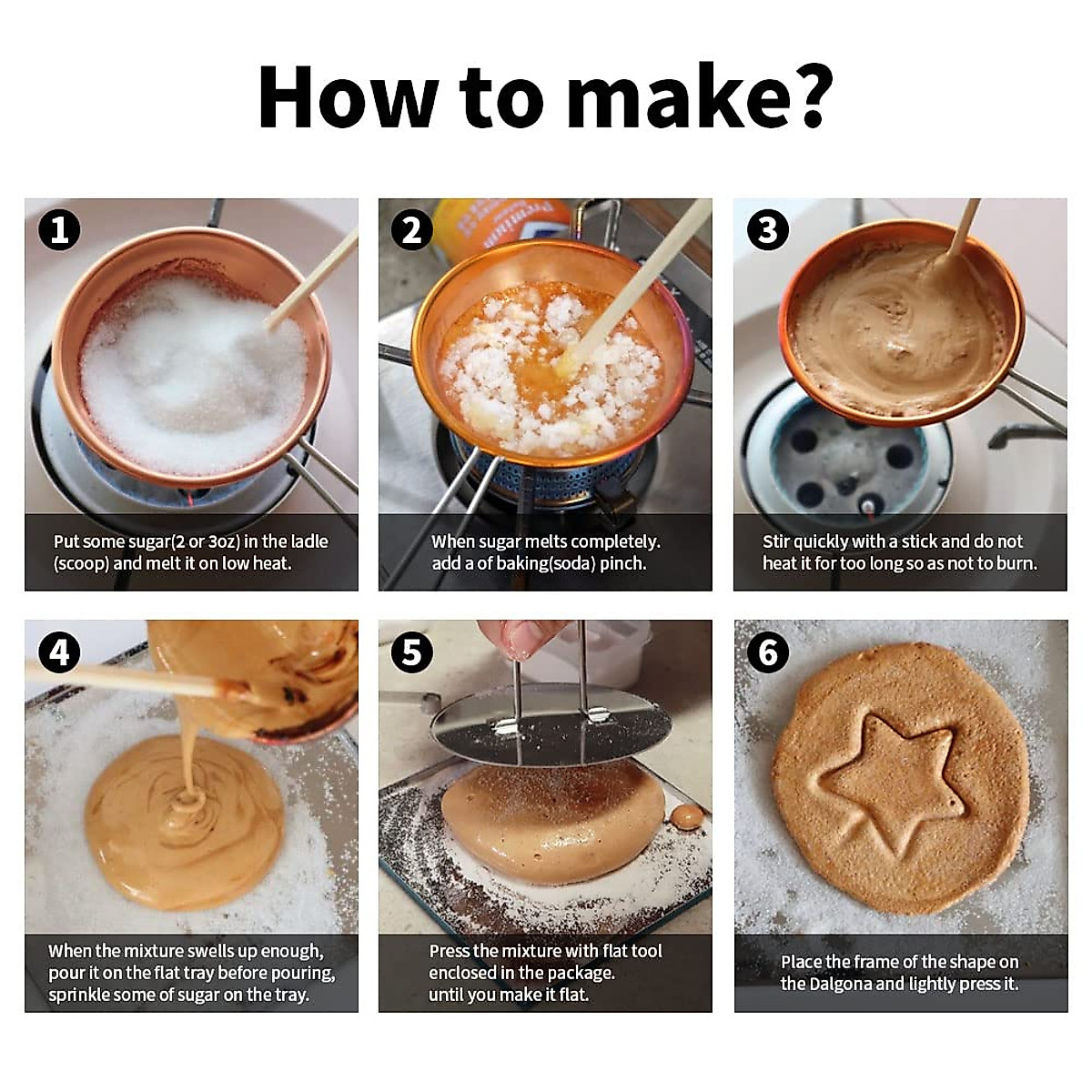 Korean Candy Making Kit - Complete 9-Piece Dalgona Kit with Shapes, Bottom Tray, Ladle, Press Tray, Dragger - Korean Candy Making Supplies for Home - Included Baking Soda