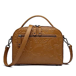 FEIMINA Women Genuine Leather Messenger Crossbody Handbag Design Embossed Floral Pattern Sling Satchel Shoulder Bag (Brown)
