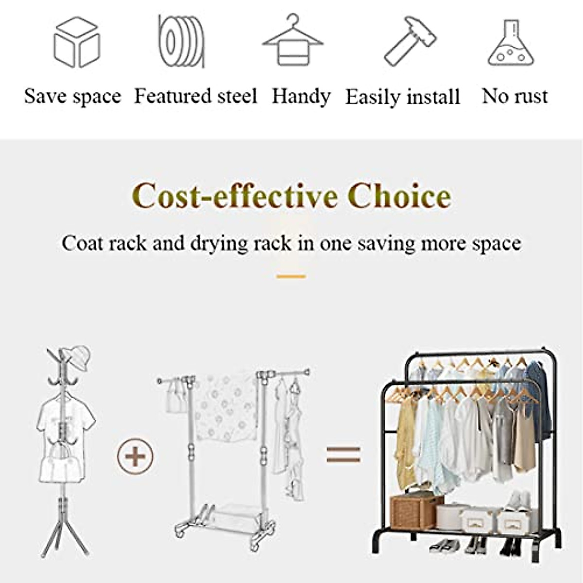 YCWO Metal Clothes Floor Industrial Pipe Storage Retail Display Heavy-Duty Clothing freestanding Storage Clothing Bedroom Multifunctional Closet Coat Hooks Shelves Shoe,White,150x40x150cm