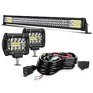 LED Light Bar TURBO SII 32 Inch 405W Triple Row Spot Flood Combo Offroad Light 2Pcs 4 Inch 60W Led Cube Pod Lights for Trucks Trailer ATV UTV Polaris RZR SUV Boats w/3-Leads Wiring Kits
