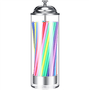 Patelai 201 PCS Plastic Straw Dispenser Drinking Straw Organizer Container with Stainless Steel Lid Transparent Drinking Straw Holder Striped Plastic Straw Plastic Drinking Straw (Fresh Colors)