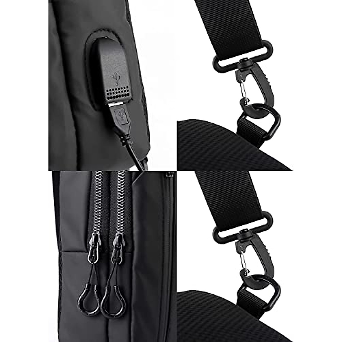 Small Sling Black Crossbody Backpack Shoulder Bag for Men Women, Lightweight One Strap Backpack Sling Bag Backpack for Hiking Walking Biking Travel Cycling USB Charger Port