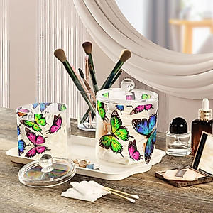 Bokkoy Beautiful Color Butterfly Transparent Storage Can Plastic Can Packs of 2 Cotton Swabs Floss Can Cosmetic Cotton Storage Jar for Bathroom and Dressing Table