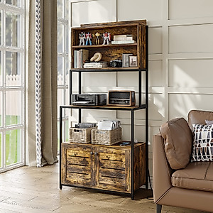 Furniouse 5-Tier Kitchen Bakers Rack with Power Outlet, Industrial Microwave Oven Stand with Shelves, Kitchen Utility Storage Shelf with Cabinet, Standing Kitchen Storage Rack, Rustic Brown