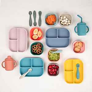 Bella Tunno Little Bites Bundle – Baby Feeding Set and Baby Led Weaning Supplies with 1 Baby Bowl, 1 Baby Plate, 3 Baby Utensils, 1 Cup, 2 Lids, 100% Food-Grade Silicone (Circus Fun)