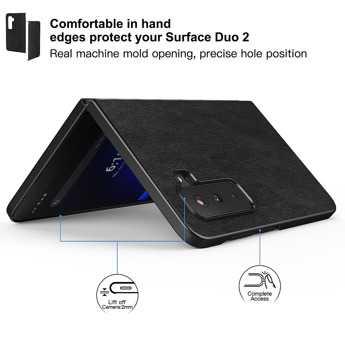 Foluu for Microsoft Surface Duo 2 Case, Surface Duo 2 2021 Leather Case, [Slim & Lightweight] PU Leather Back Cover Hard PC Durable Protective Phone Case for Microsoft Surface Duo 2 2021 (Black)